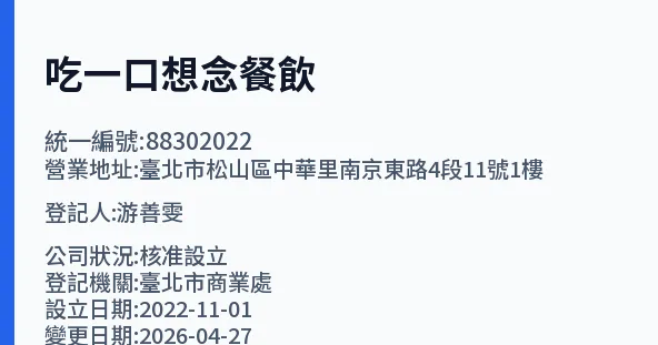 吃一口想念餐飲的照片-統編 88302022(臺北市) 公司登記資料與營業項目詳細圖表