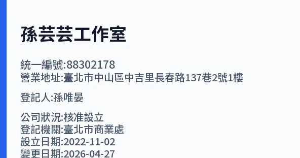 孫芸芸工作室的照片-統編 88302178(臺北市) 公司登記資料與營業項目詳細圖表