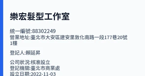 樂宏髮型工作室的照片-統編 88302249(臺北市) 公司登記資料與營業項目詳細圖表