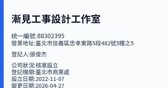 漸見工事設計工作室的照片-統編 88302395(臺北市) 公司登記資料與營業項目詳細圖表
