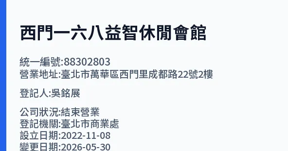 西門一六八益智休閒會館的照片-統編 88302803(臺北市) 公司登記資料與營業項目詳細圖表