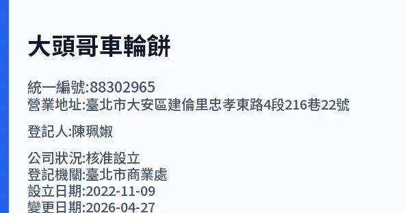 大頭哥車輪餅的照片-統編 88302965(臺北市) 公司登記資料與營業項目詳細圖表