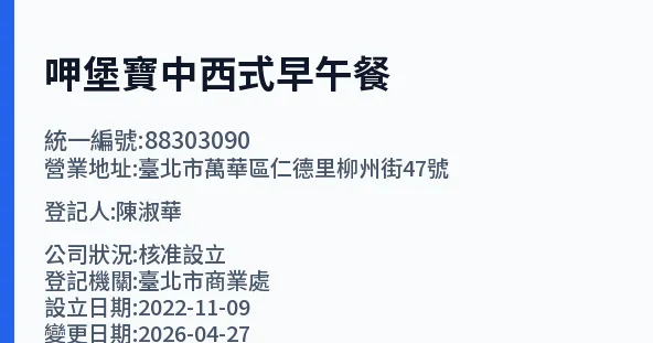 呷堡寶中西式早午餐的照片-統編 88303090(臺北市) 公司登記資料與營業項目詳細圖表