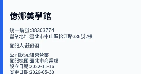 億娜美學館的照片-統編 88303774(臺北市) 公司登記資料與營業項目詳細圖表