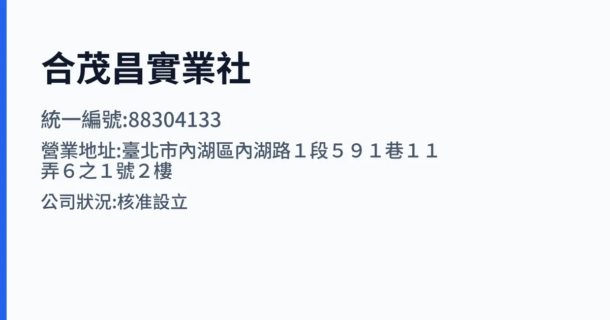 合茂昌實業社 - 統編 88304133(臺北市) 公司登記資料與營業項目詳細圖表