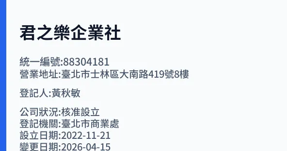 君之樂企業社的照片-統編 88304181(臺北市) 公司登記資料與營業項目詳細圖表
