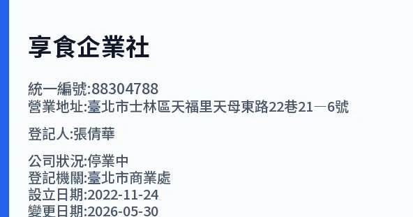 享食企業社的照片-統編 88304788(臺北市) 公司登記資料與營業項目詳細圖表