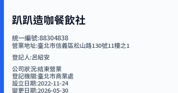 趴趴造咖餐飲社的照片-統編 88304838(臺北市) 公司登記資料與營業項目詳細圖表