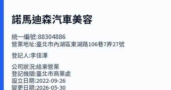 諾馬迪森汽車美容的照片-統編 88304886(臺北市) 公司登記資料與營業項目詳細圖表