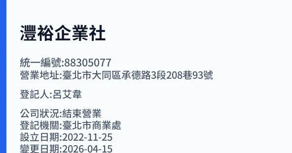 灃裕企業社的照片-統編 88305077(臺北市) 公司登記資料與營業項目詳細圖表