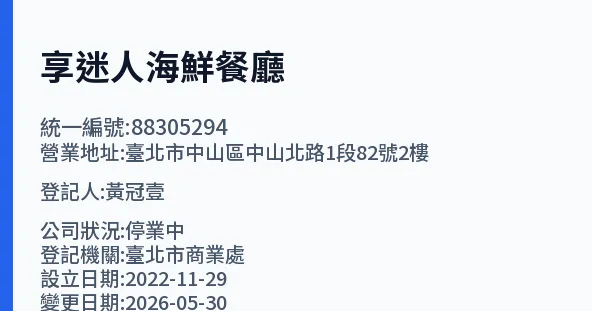 享迷人海鮮餐廳的照片-統編 88305294(臺北市) 公司登記資料與營業項目詳細圖表