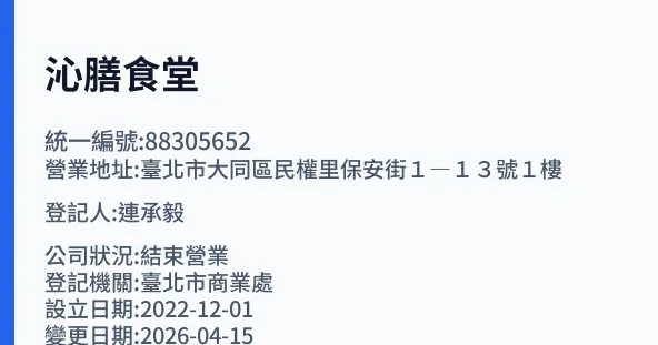 沁膳食堂的照片-統編 88305652(臺北市) 公司登記資料與營業項目詳細圖表