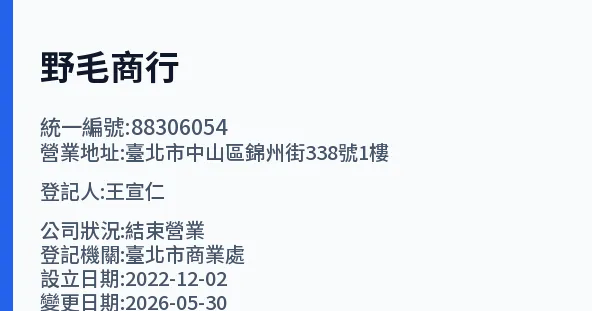野毛商行的照片-統編 88306054(臺北市) 公司登記資料與營業項目詳細圖表