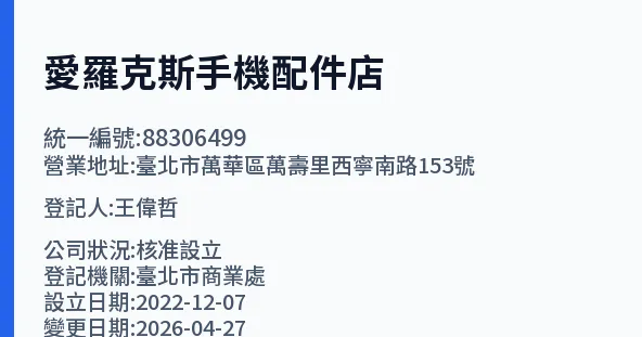 愛羅克斯手機配件店的照片-統編 88306499(臺北市) 公司登記資料與營業項目詳細圖表