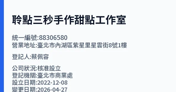 聆點三秒手作甜點工作室的照片-統編 88306580(臺北市) 公司登記資料與營業項目詳細圖表