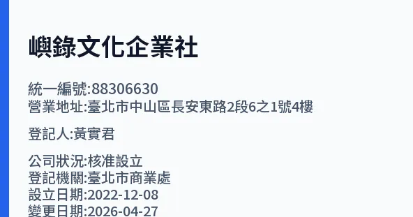 嶼錄文化企業社的照片-統編 88306630(臺北市) 公司登記資料與營業項目詳細圖表