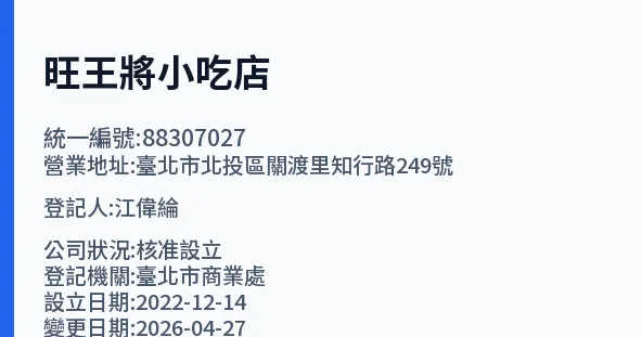 旺王將小吃店的照片-統編 88307027(臺北市) 公司登記資料與營業項目詳細圖表