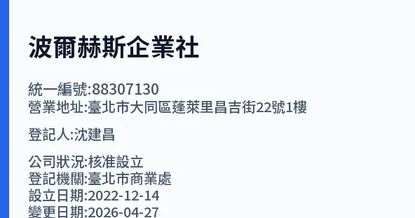 波爾赫斯企業社的照片-統編 88307130(臺北市) 公司登記資料與營業項目詳細圖表