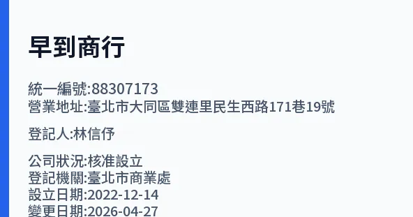 早到商行的照片-統編 88307173(臺北市) 公司登記資料與營業項目詳細圖表