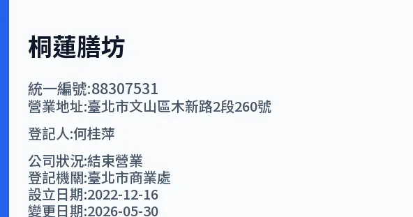 桐蓮膳坊的照片-統編 88307531(臺北市) 公司登記資料與營業項目詳細圖表