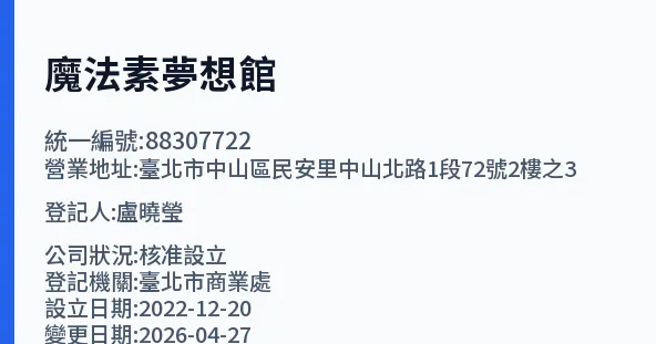 魔法素夢想館的照片-統編 88307722(臺北市) 公司登記資料與營業項目詳細圖表