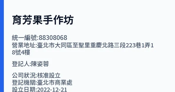 育芳果手作坊的照片-統編 88308068(臺北市) 公司登記資料與營業項目詳細圖表