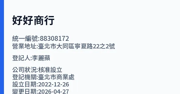 好好商行的照片-統編 88308172(臺北市) 公司登記資料與營業項目詳細圖表