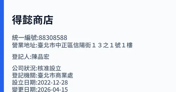 得懿商店的照片-統編 88308588(臺北市) 公司登記資料與營業項目詳細圖表