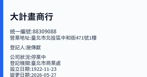 大計畫商行的照片-統編 88309088(臺北市) 公司登記資料與營業項目詳細圖表