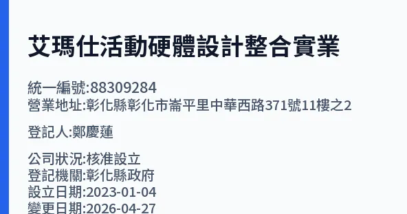 艾瑪仕活動硬體設計整合實業的照片-統編 88309284(彰化縣) 公司登記資料與營業項目詳細圖表