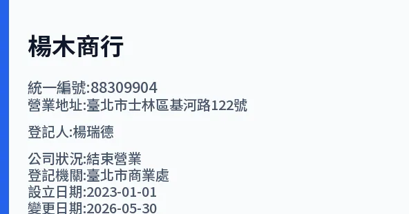 楊木商行的照片-統編 88309904(臺北市) 公司登記資料與營業項目詳細圖表