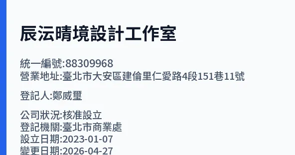 辰沄晴境設計工作室的照片-統編 88309968(臺北市) 公司登記資料與營業項目詳細圖表