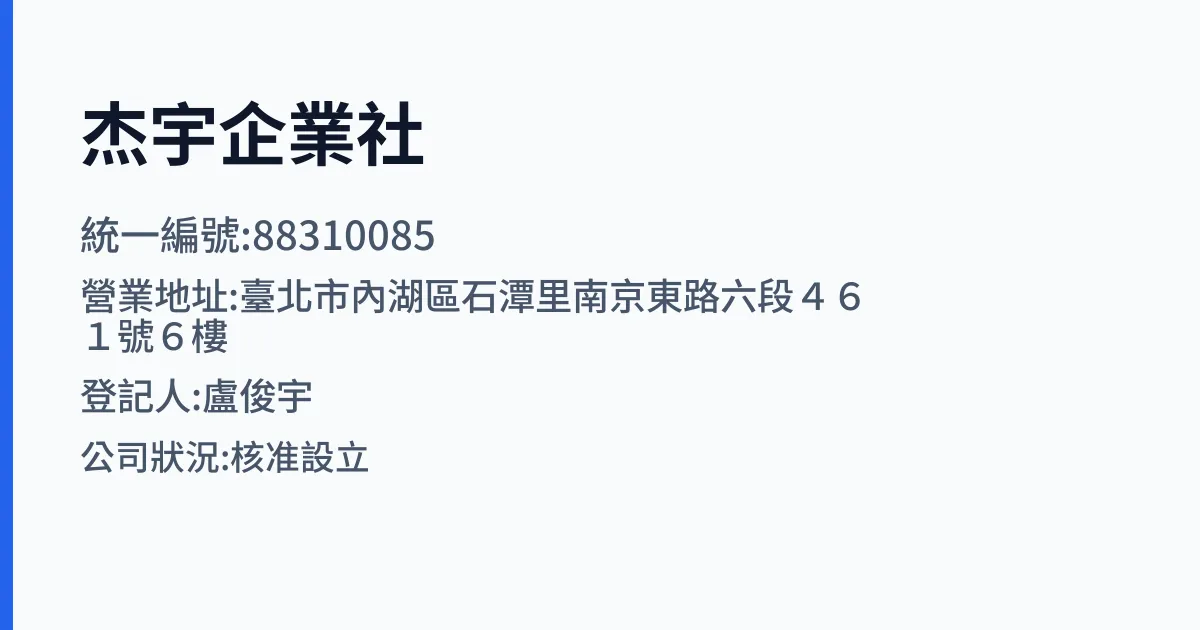 杰宇企業社 - 統編 88310085(臺北市) 公司登記資料與營業項目詳細圖表