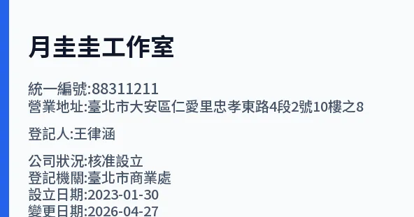 月圭圭工作室的照片-統編 88311211(臺北市) 公司登記資料與營業項目詳細圖表