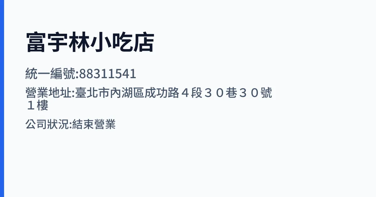 富宇林小吃店 - 統編 88311541(臺北市) 公司登記資料與營業項目詳細圖表