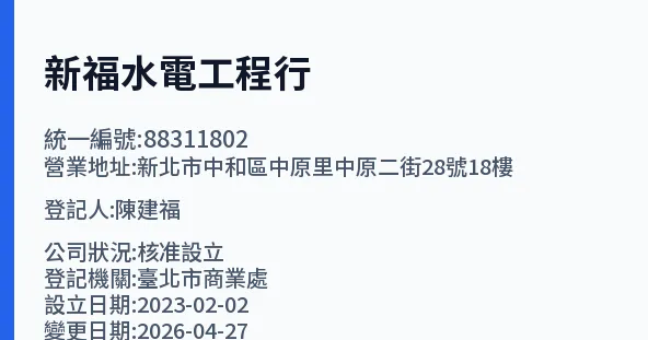 新福水電工程行的照片-統編 88311802(新北市) 公司登記資料與營業項目詳細圖表