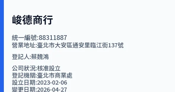 峻德商行的照片-統編 88311887(臺北市) 公司登記資料與營業項目詳細圖表