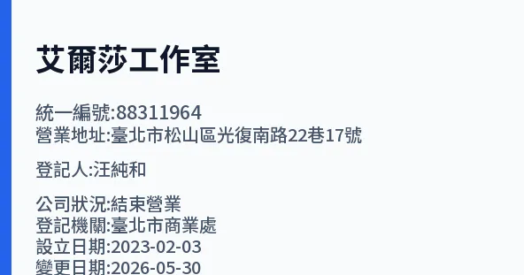 艾爾莎工作室的照片-統編 88311964(臺北市) 公司登記資料與營業項目詳細圖表