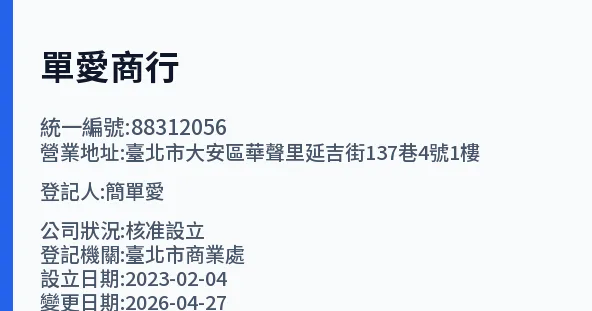 單愛商行的照片-統編 88312056(臺北市) 公司登記資料與營業項目詳細圖表