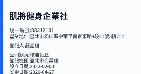 肌將健身企業社的照片-統編 88312181(臺北市) 公司登記資料與營業項目詳細圖表