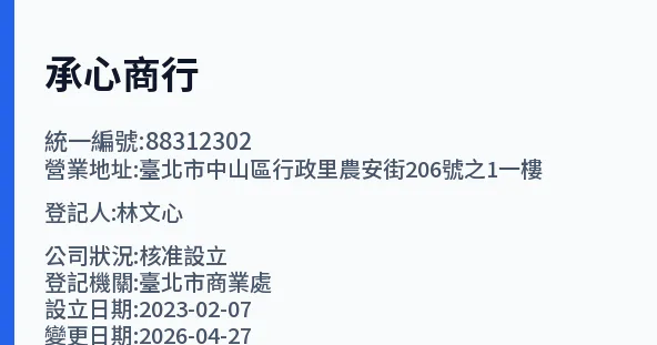 承心商行的照片-統編 88312302(臺北市) 公司登記資料與營業項目詳細圖表