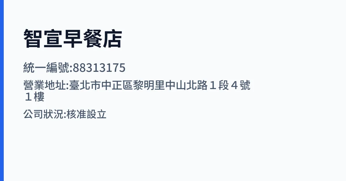 智宣早餐店 - 統編 88313175(臺北市) 公司登記資料與營業項目詳細圖表