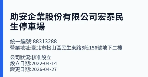 助安企業股份有限公司宏泰民生停車場的照片-統編 88313288(臺北市) 公司登記資料與營業項目詳細圖表