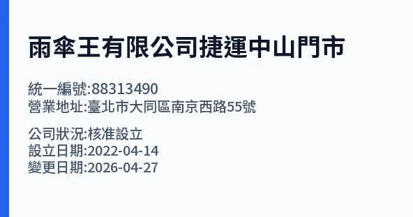 雨傘王有限公司捷運中山門市的照片-統編 88313490(臺北市) 公司登記資料與營業項目詳細圖表