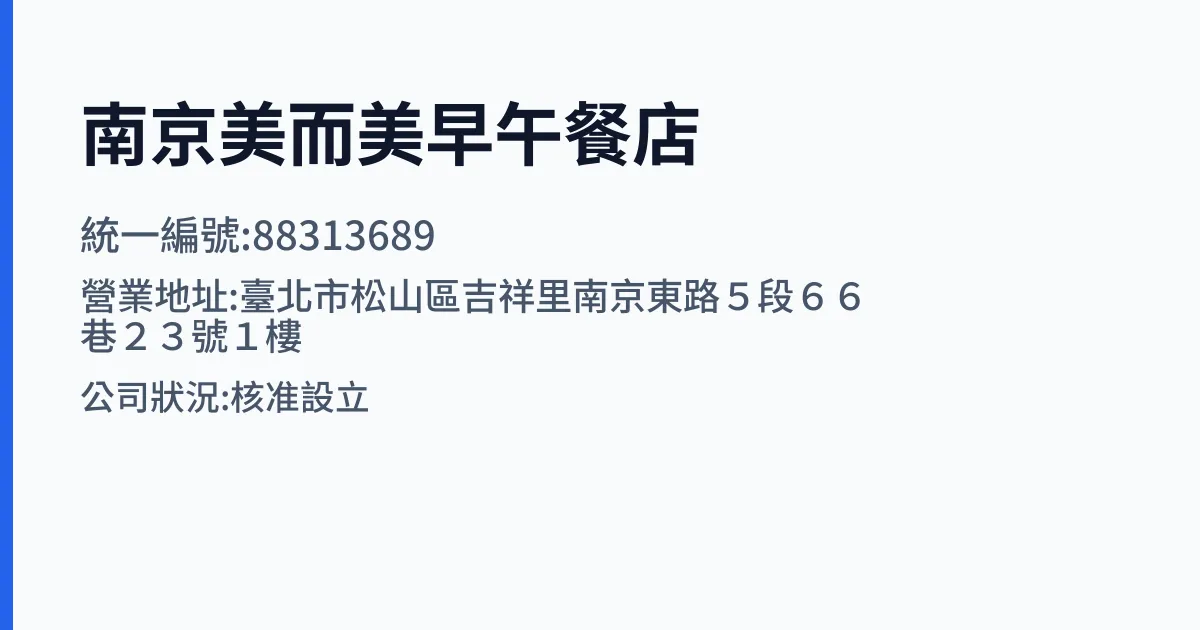 南京美而美早午餐店 - 統編 88313689(臺北市) 公司登記資料與營業項目詳細圖表