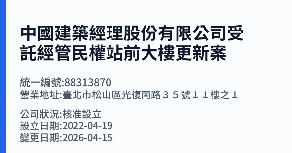 中國建築經理股份有限公司受託經管民權站前大樓更新案的照片-統編 88313870(臺北市) 公司登記資料與營業項目詳細圖表