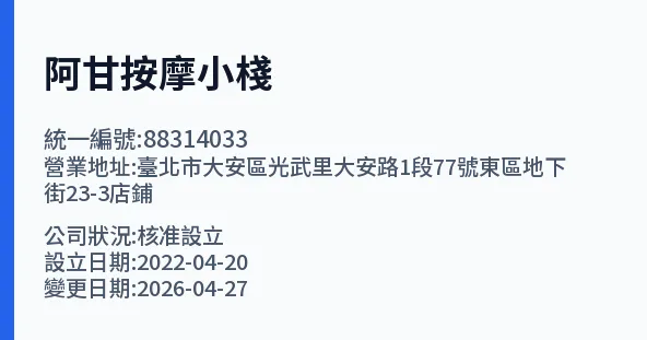阿甘按摩小棧的照片-統編 88314033(臺北市) 公司登記資料與營業項目詳細圖表