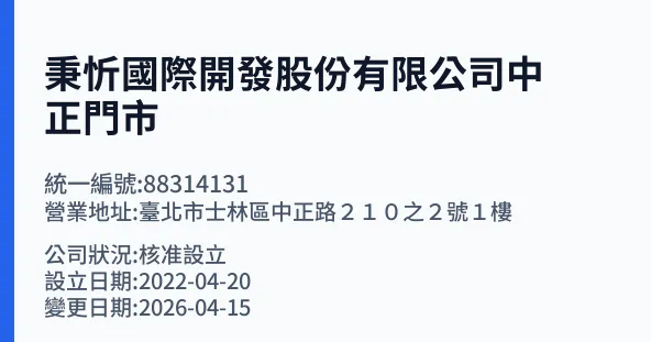 秉忻國際開發股份有限公司中正門市的照片-統編 88314131(臺北市) 公司登記資料與營業項目詳細圖表
