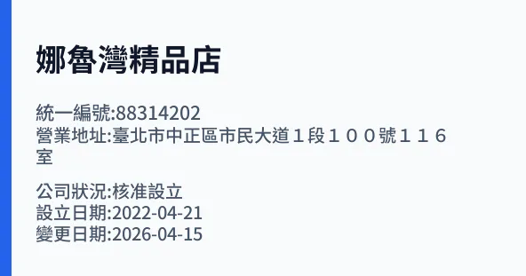 娜魯灣精品店的照片-統編 88314202(臺北市) 公司登記資料與營業項目詳細圖表