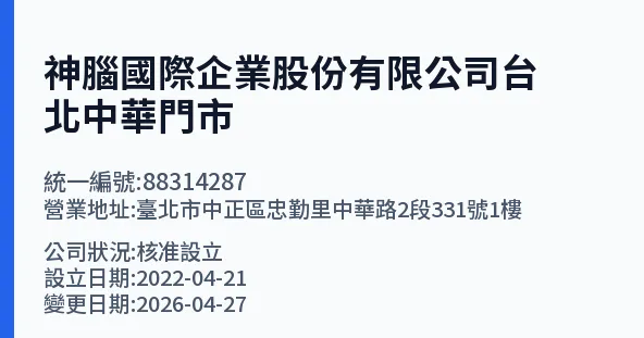 神腦國際企業股份有限公司台北中華門市的照片-統編 88314287(臺北市) 公司登記資料與營業項目詳細圖表